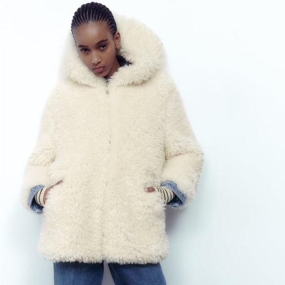 Zara | Jackets & Coats | Zara Ecru Faux Fur Hooded Jacket | Poshmark